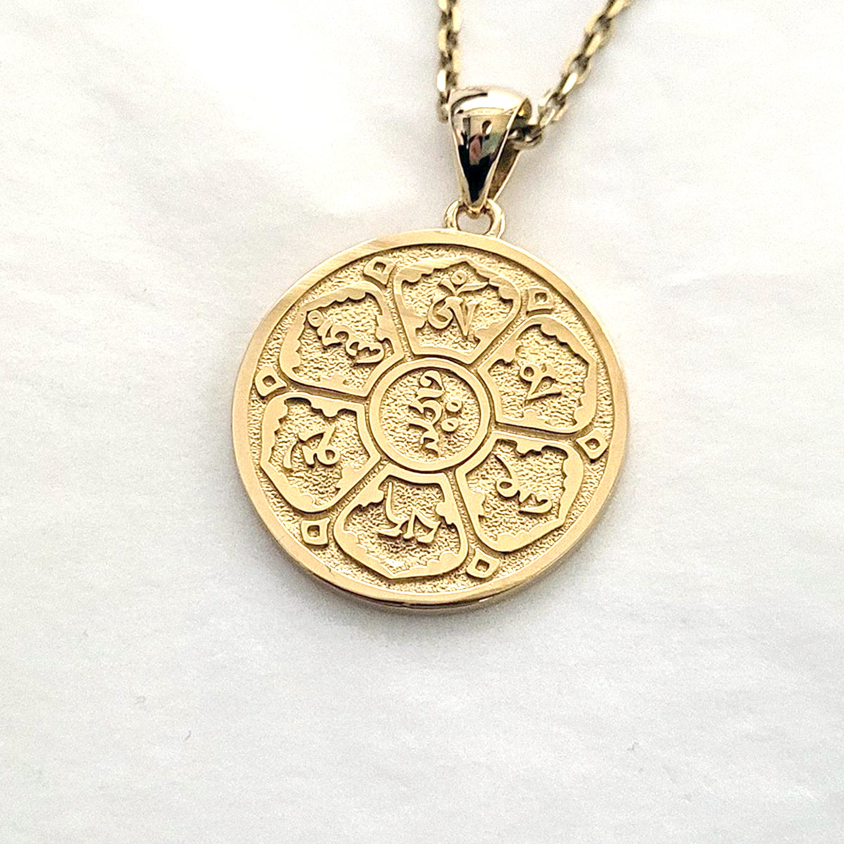 14k 18k gold lotus mantra om mani padme hum pendant necklace